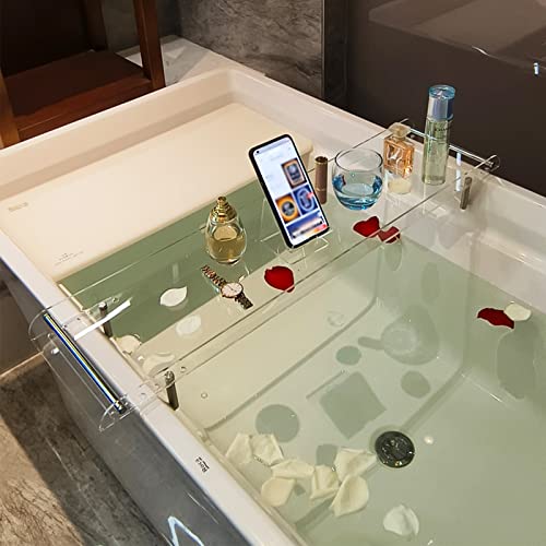 Acrylic Tub Caddy, Bathtub Tray Caddy, Tub Shelf with Handle and Adjustable Pillars, Tub Accessories for Bath,32.3" Lx7.9 Wx1.2 H,Clear