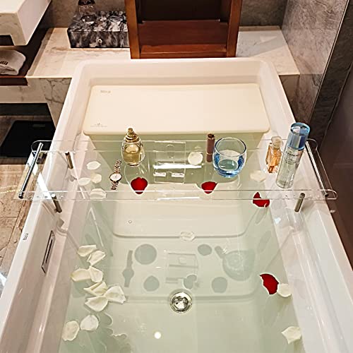 Acrylic Tub Caddy, Bathtub Tray Caddy, Tub Shelf with Handle and Adjustable Pillars, Tub Accessories for Bath,32.3" Lx7.9 Wx1.2 H,Clear