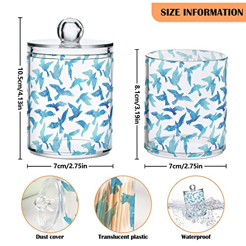 xigua 2 Pack Flying Birds Blue Apothecary Jars with Lid, Qtip Holder Storage Containers for Cotton Ball, Swabs, Pads, Clear Plastic Canisters for Bathroom Vanity Organization (10 Oz)