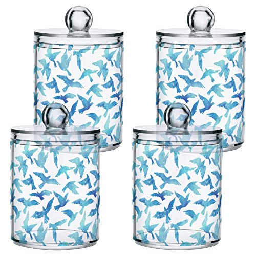 xigua 2 Pack Flying Birds Blue Apothecary Jars with Lid, Qtip Holder Storage Containers for Cotton Ball, Swabs, Pads, Clear Plastic Canisters for Bathroom Vanity Organization (10 Oz)