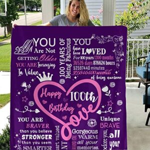 LGNACELEE 100th Birthday Decoration Gift for Women Blanket, Birthday Gift Ideas Throw Blanket, 100 Years Old Birthday Gift for Grandma, Mom, Friend, Sister, Wife, Aunt, Coworker, Purple, 50 x 60 Inch