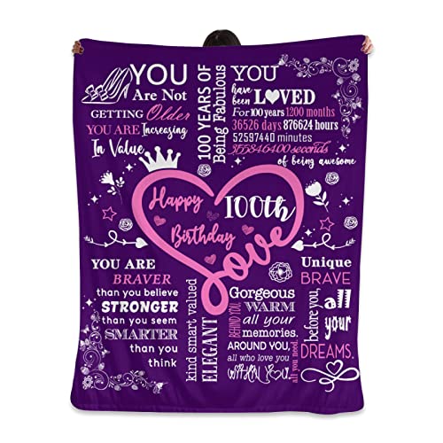 LGNACELEE 100th Birthday Decoration Gift for Women Blanket, Birthday Gift Ideas Throw Blanket, 100 Years Old Birthday Gift for Grandma, Mom, Friend, Sister, Wife, Aunt, Coworker, Purple, 50 x 60 Inch