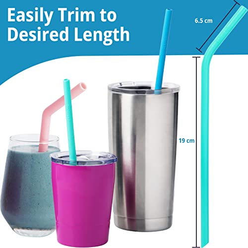 Bent Reusable Silicone Straws (Set of 10) and Cleaning Brush - Flexible, Long, Color Bendy Straws - For 20oz-32oz Tumblers & 30oz Smoothie Cups - Dishwasher Safe, Kid Friendly, and Easy to Clean