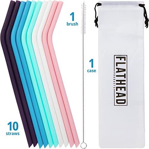 Bent Reusable Silicone Straws (Set of 10) and Cleaning Brush - Flexible, Long, Color Bendy Straws - For 20oz-32oz Tumblers & 30oz Smoothie Cups - Dishwasher Safe, Kid Friendly, and Easy to Clean