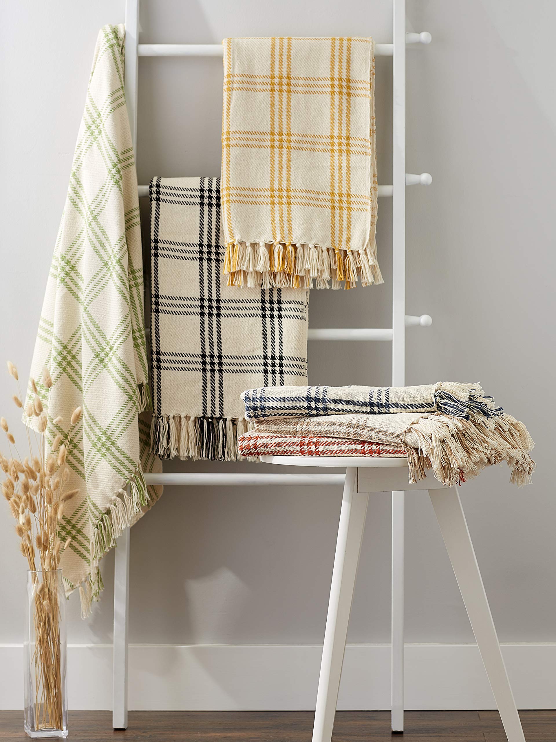 DII Modern Farmhouse Plaid Collection Cotton Fringe Throw Blanket, 50x60, White/Antique Green