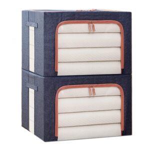 FLAHOLD 2 Pack Clothes Storage Bags, Foldable Linen Cloth Steel Frame Storage Box with Clear Window & Reinforced Handles for Bedding, Blankets, Pillows, Toys, Books(Navy, 24L, 2PCS)