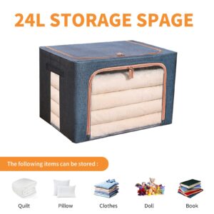 FLAHOLD 2 Pack Clothes Storage Bags, Foldable Linen Cloth Steel Frame Storage Box with Clear Window & Reinforced Handles for Bedding, Blankets, Pillows, Toys, Books(Navy, 24L, 2PCS)