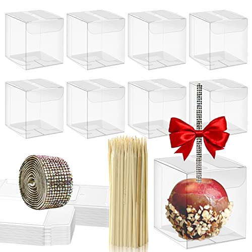 BadenBach 30 Set 4" Clear Candy Apple Boxes with Hole, Candy Apple Kit Supplies Containers Apple Boxes with 30 Pcs 7" Thick Candy Apple Sticks and 35.5" Self-Adhesive Rhinestone Stickers