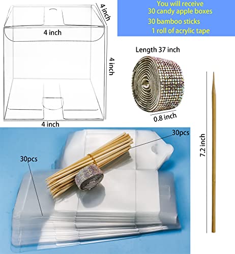 BadenBach 30 Set 4" Clear Candy Apple Boxes with Hole, Candy Apple Kit Supplies Containers Apple Boxes with 30 Pcs 7" Thick Candy Apple Sticks and 35.5" Self-Adhesive Rhinestone Stickers