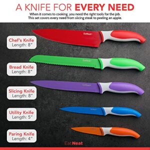 EatNeat 12-Piece Colorful Kitchen Knife Set - 5 Colored Stainless Steel Knives with Sheaths, Cutting Board, and a Sharpener - Razor Sharp Cutting Tools that are Kitchen Essentials for New Home