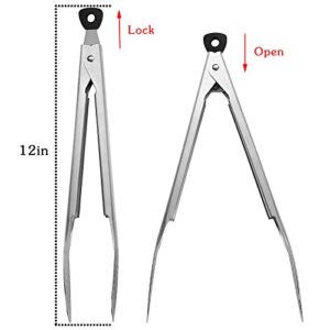 Devico Kitchen Tongs for Cooking, 2-Piece 12 inch 18/8 Stainless Steel Metal BBQ Grill Tongs with Lock