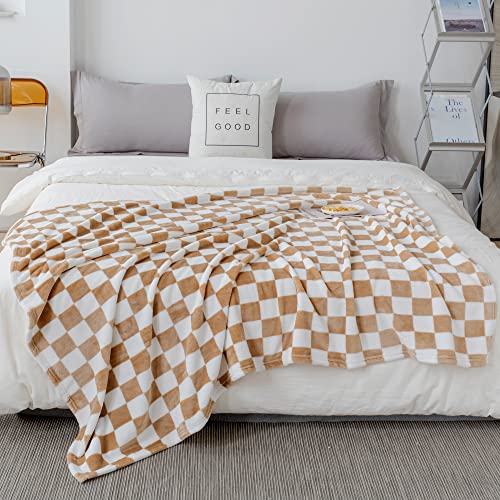 LIPOR Baby Pet Throw Blankets Flannel Blanket Checkerboard Grid Pattern Ultra Soft Fuzzy Checkered Throw Blankets Warm Home Decorative Luxury Blanket for Bed Couch Sofa All Seasons (Khaki, 28"x40")