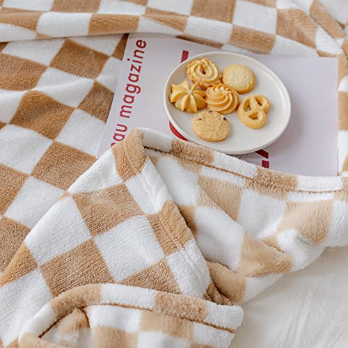 LIPOR Baby Pet Throw Blankets Flannel Blanket Checkerboard Grid Pattern Ultra Soft Fuzzy Checkered Throw Blankets Warm Home Decorative Luxury Blanket for Bed Couch Sofa All Seasons (Khaki, 28"x40")