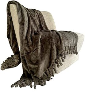 odds & ends home warm & supercozy throw blanket for sofa - large silky - 60 x 90 thick flannel fleece boho | grey blankets & throws for sofa/bed | decorative tassel blanket all season