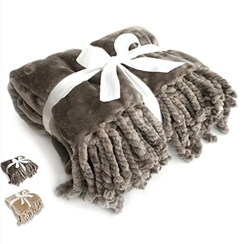 ODDS & ENDS HOME Warm & Supercozy Throw Blanket for Sofa - Large Silky - 60 X 90 Thick Flannel Fleece Boho | Grey Blankets & Throws for Sofa/Bed | Decorative Tassel Blanket All Season