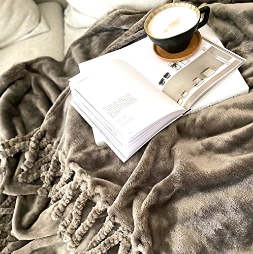 ODDS & ENDS HOME Warm & Supercozy Throw Blanket for Sofa - Large Silky - 60 X 90 Thick Flannel Fleece Boho | Grey Blankets & Throws for Sofa/Bed | Decorative Tassel Blanket All Season