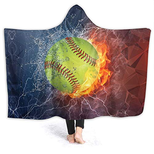 Softball On Fire and Water Hoodie Blanket Wearable Throw Blankets for Couch Blanket Hooded for Baby Kids Men Women