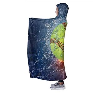 Softball On Fire and Water Hoodie Blanket Wearable Throw Blankets for Couch Blanket Hooded for Baby Kids Men Women