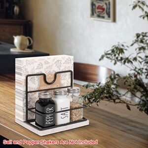 Livabber Napkin Holder with Marble Base, Metal Napkin Holder with Salt and Pepper Shakers Caddy Modern Napkin Dispenser with Spice Condiment Rack for Table Kitchen Countertop (Black)