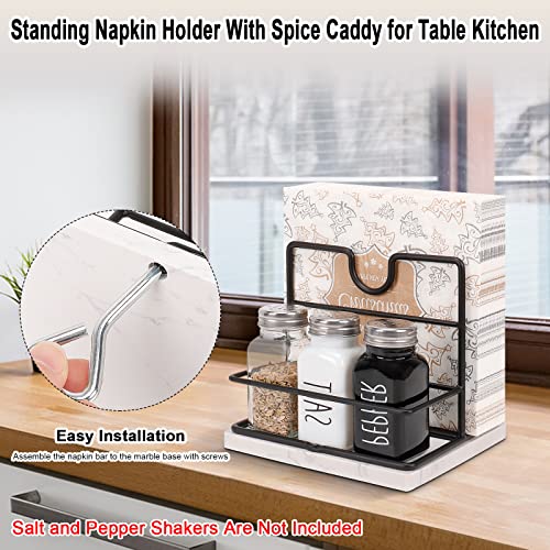 Livabber Napkin Holder with Marble Base, Metal Napkin Holder with Salt and Pepper Shakers Caddy Modern Napkin Dispenser with Spice Condiment Rack for Table Kitchen Countertop (Black)