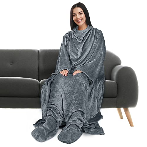 Tirrinia Wearable Blanket with Sleeves and Foot Pocket, Wearable Blanket Adult with Anti-Slip Snaps, Oversized Front Pockets, Cozy Gifts for Women Men-Gary