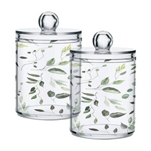 kigai 2pcs green leaves qtip holder dispenser with lids - 14 oz bathroom storage organizer set, clear apothecary jars food storage containers, for tea, coffee, cotton ball, floss