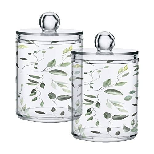 Kigai 2PCS Green Leaves Qtip Holder Dispenser with Lids - 14 oz Bathroom Storage Organizer Set, Clear Apothecary Jars Food Storage Containers, for Tea, Coffee, Cotton Ball, Floss