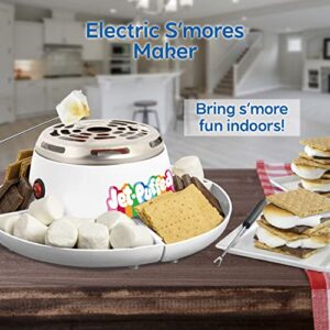 Nostalgia Jet-Puffed Indoor Electric Stainless Steel S'mores Maker with 4 Compartment Trays for Graham Crackers, Chocolate, Marshmallows and 2 Roasting Forks, White