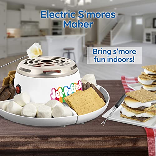 Nostalgia Jet-Puffed Indoor Electric Stainless Steel S'mores Maker with 4 Compartment Trays for Graham Crackers, Chocolate, Marshmallows and 2 Roasting Forks, White