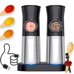 rechargeable electric salt and pepper grinder set, dulec gravity salt & pepper mill sets with charging base, automatic pepper grinder, adjustable coarseness, led light, one hand use, 2 pack