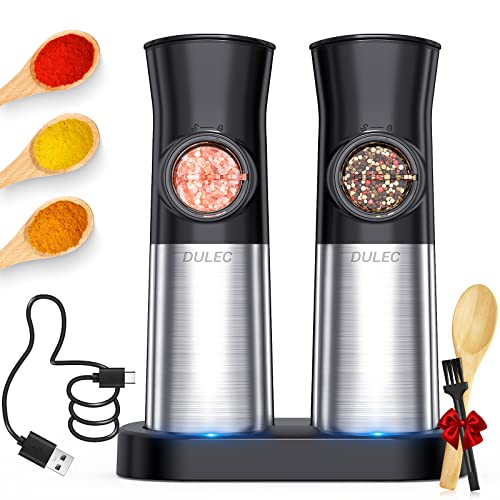 Rechargeable Electric Salt and Pepper Grinder Set, DULEC Gravity Salt & Pepper Mill Sets with Charging Base, Automatic Pepper Grinder, Adjustable Coarseness, LED Light, One Hand Use, 2 Pack