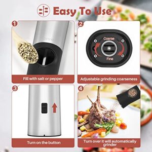 Rechargeable Electric Salt and Pepper Grinder Set, DULEC Gravity Salt & Pepper Mill Sets with Charging Base, Automatic Pepper Grinder, Adjustable Coarseness, LED Light, One Hand Use, 2 Pack