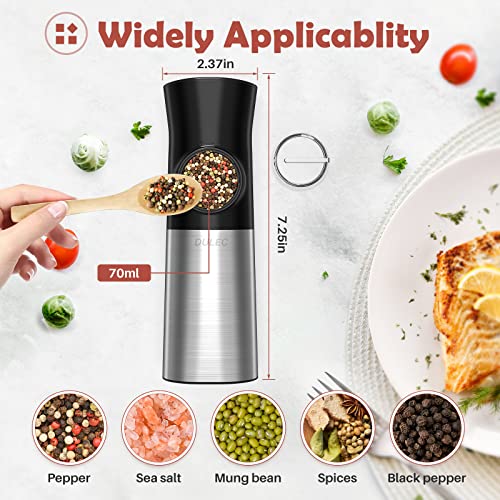 Rechargeable Electric Salt and Pepper Grinder Set, DULEC Gravity Salt & Pepper Mill Sets with Charging Base, Automatic Pepper Grinder, Adjustable Coarseness, LED Light, One Hand Use, 2 Pack