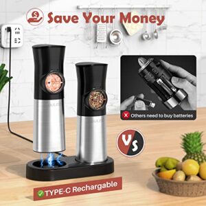 Rechargeable Electric Salt and Pepper Grinder Set, DULEC Gravity Salt & Pepper Mill Sets with Charging Base, Automatic Pepper Grinder, Adjustable Coarseness, LED Light, One Hand Use, 2 Pack