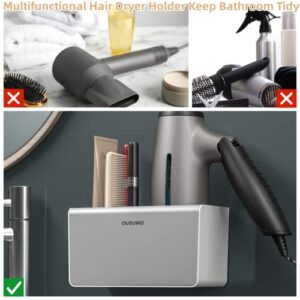 Hair Dryer Holder Wall Mounted, Self Adhesive Blow Dryer Rack for Bathroom, New Upgrade Hanging Hair Dryer Hair Tool Organizer Bracket with Storage Compartment for Most Hair Dryers（Grey）