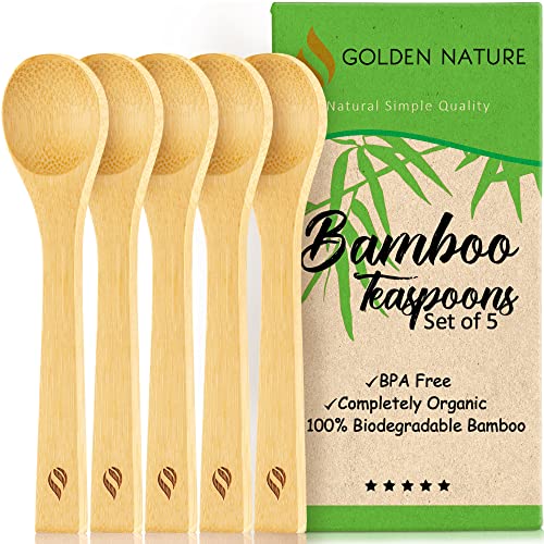 Bamboo Spoons Set of 5 – Wooden Tea Spoons Perfect for Coffee, Sugar, Spices, Seasoning, Herbs & Desert, 100% Biodegradable and Environmentally Eco Friendly