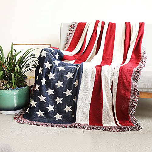 American Flag Throw Blanket Reversible Soft Woven Thick Large Tassels Rug Vintage Print Tapestry Chair Couch Sofa Bed Cover