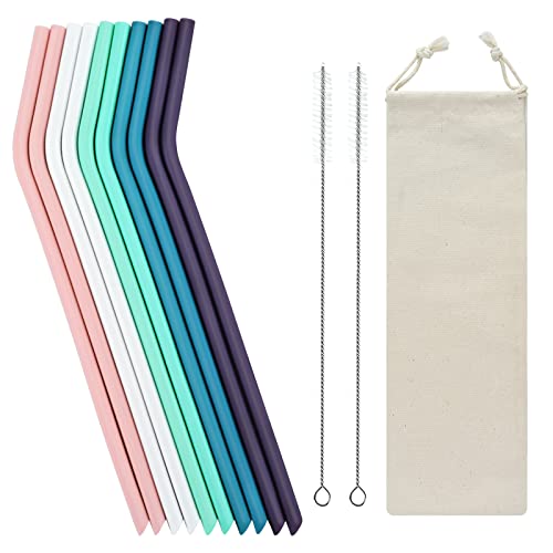 Elyum Set of 10 Reusable Silicone Straws, 10'' Extra Long Silicone Drinking Straws with 1 Carrying Bag and 2 Cleaning Brushes Multicolor BPA Free Bent Smoothie Straw for 30oz and 20oz Tumblers