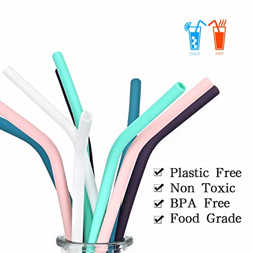 Elyum Set of 10 Reusable Silicone Straws, 10'' Extra Long Silicone Drinking Straws with 1 Carrying Bag and 2 Cleaning Brushes Multicolor BPA Free Bent Smoothie Straw for 30oz and 20oz Tumblers