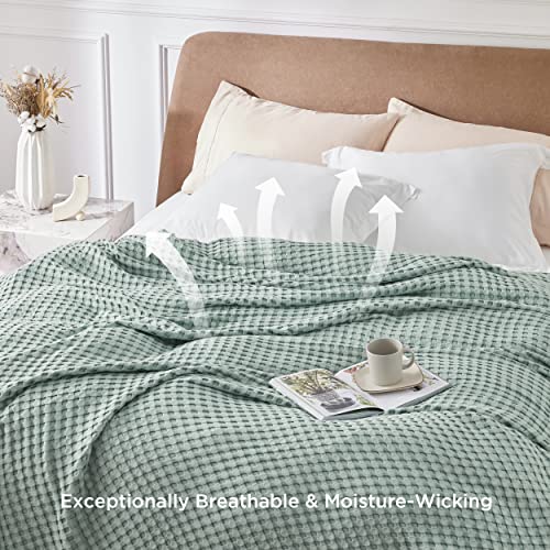 Bedsure Cooling Bamboo Waffle Queen Size Blanket - Soft, Lightweight and Breathable Full Blankets for Hot Sleepers, Luxury Cotton Throws for Bed, Couch and Sofa, Sage Green 90x90Inches