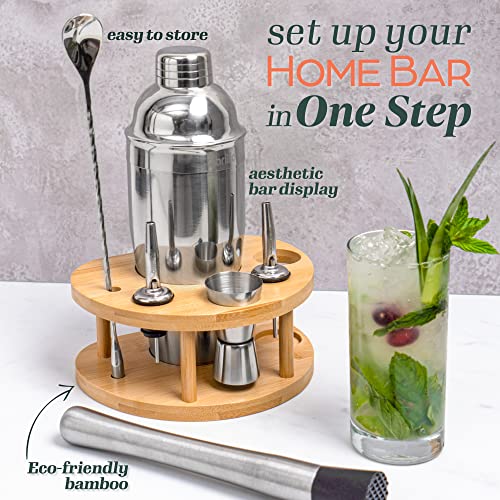 Mixology Bartender Kit Cocktail Shaker Set by Barillio: Drink Mixer Set with Bar Tools, Bamboo Stand Cocktail Mixer Mixing Spoon Mojito Muddler Jigger Liquor Pourers Recipes Booklet