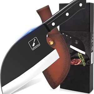 imarku Butcher Knife 7 inch Sharp Meat Cleaver Hand Forged Serbian Chef Knife with Leather Sheath High Carbon Steel Cleaver Knife for Kitchen, Camping, BBQ