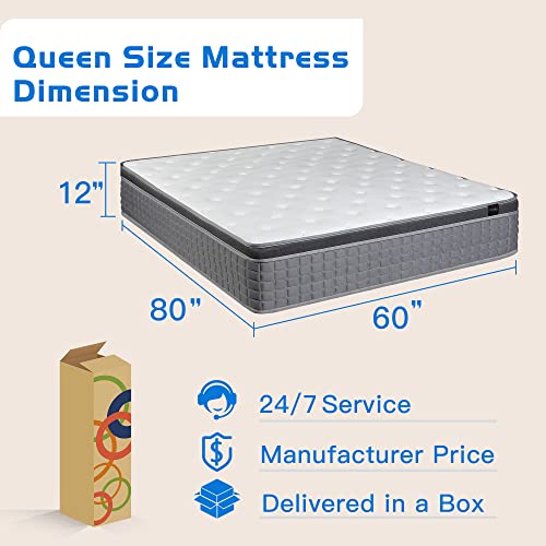 MICOOLS Queen Mattress,Hybrid Mattress in a Box Memory Foam Breathable Comfortable,Motion Isolation Individually Wrapped Coils,Euro Top Medium Firm Queen Size Mattress