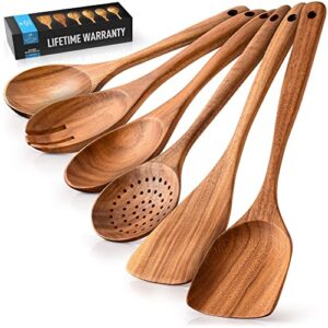 zulay kitchen 6 piece wooden spoons for cooking - smooth finish teak wooden utensils for cooking - soft comfortable grip wood spoons for cooking - non-stick wooden cooking utensils - wooden spoon sets