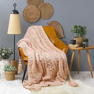 Pink Acrylic Knit Boho Throw Blanket with Tassels (51x63 inch) MH MYLUNE HOME Handmade Farmhouse Cozy Decorative Blanket for Couch, Bed, Sofa