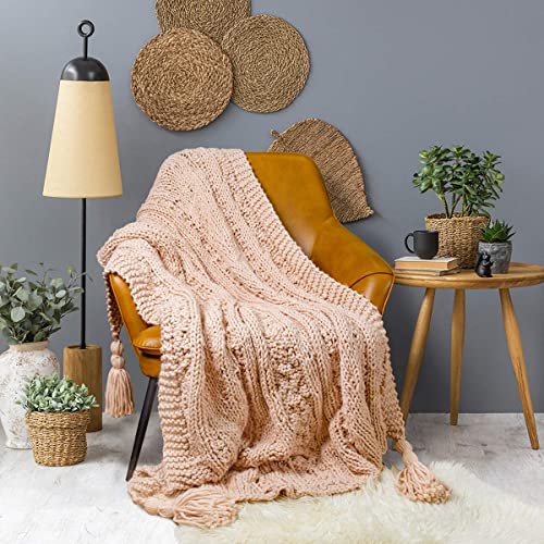 Pink Acrylic Knit Boho Throw Blanket with Tassels (51x63 inch) MH MYLUNE HOME Handmade Farmhouse Cozy Decorative Blanket for Couch, Bed, Sofa