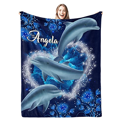 Blue Dolphin Personalized Name Soft Fleece Bed Blankets Throws as Birthday Wedding Gifts for Sofa Couch 50'' x 60''