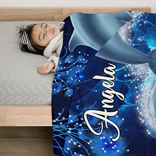 Blue Dolphin Personalized Name Soft Fleece Bed Blankets Throws as Birthday Wedding Gifts for Sofa Couch 50'' x 60''