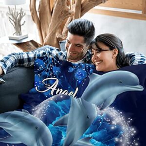 Blue Dolphin Personalized Name Soft Fleece Bed Blankets Throws as Birthday Wedding Gifts for Sofa Couch 50'' x 60''