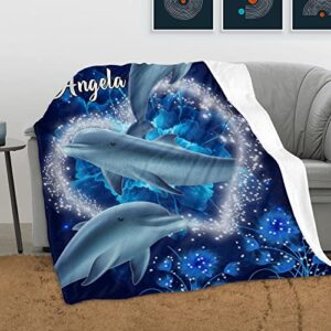 Blue Dolphin Personalized Name Soft Fleece Bed Blankets Throws as Birthday Wedding Gifts for Sofa Couch 50'' x 60''